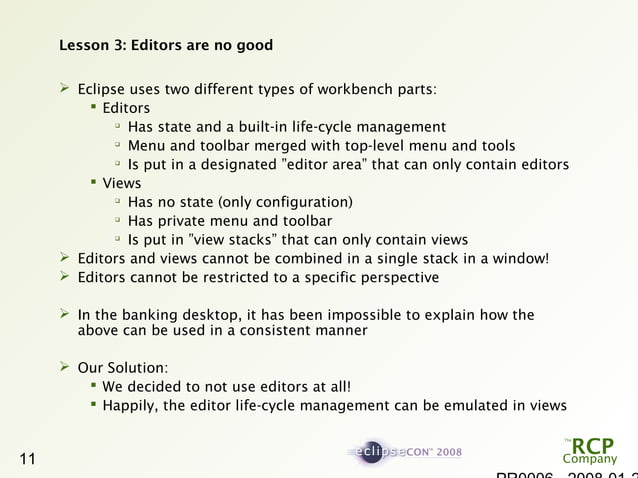 EclipseCon '08 - Lessons Learned from an Enterprise RCP Application | PPT