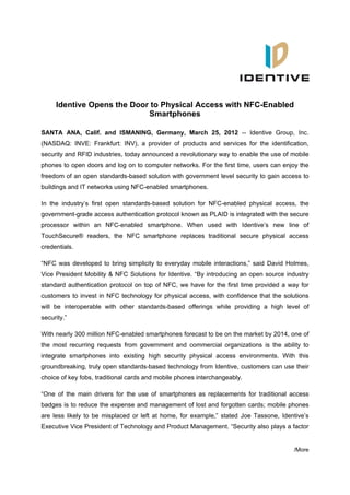 Identive | Press Release | Identive Opens the Door to Physical Access ...