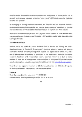 Identive | Press Release | Identive Opens the Door to Physical Access ...