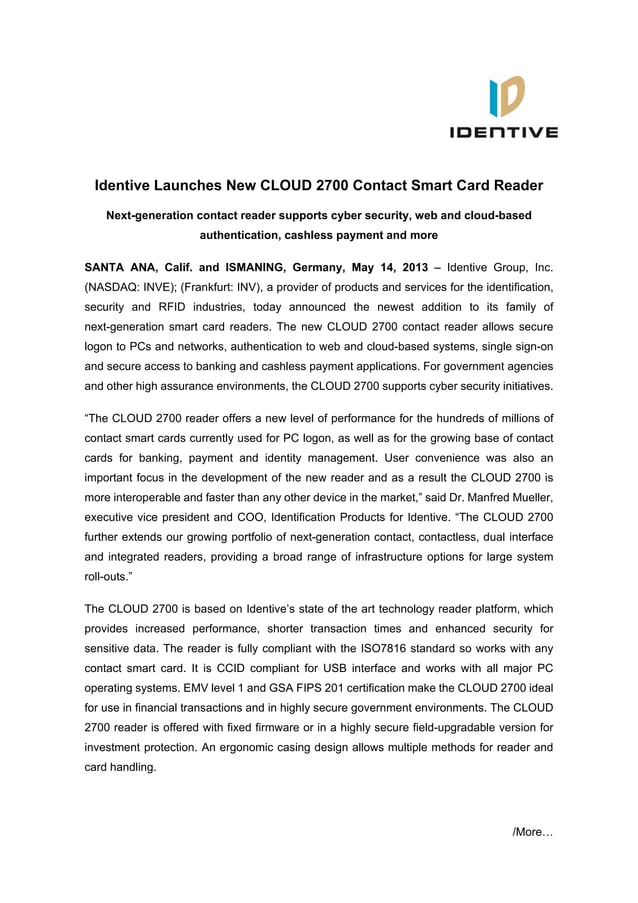 Identive Group | Press Release | Identive Launches New CLOUD 2700 ...
