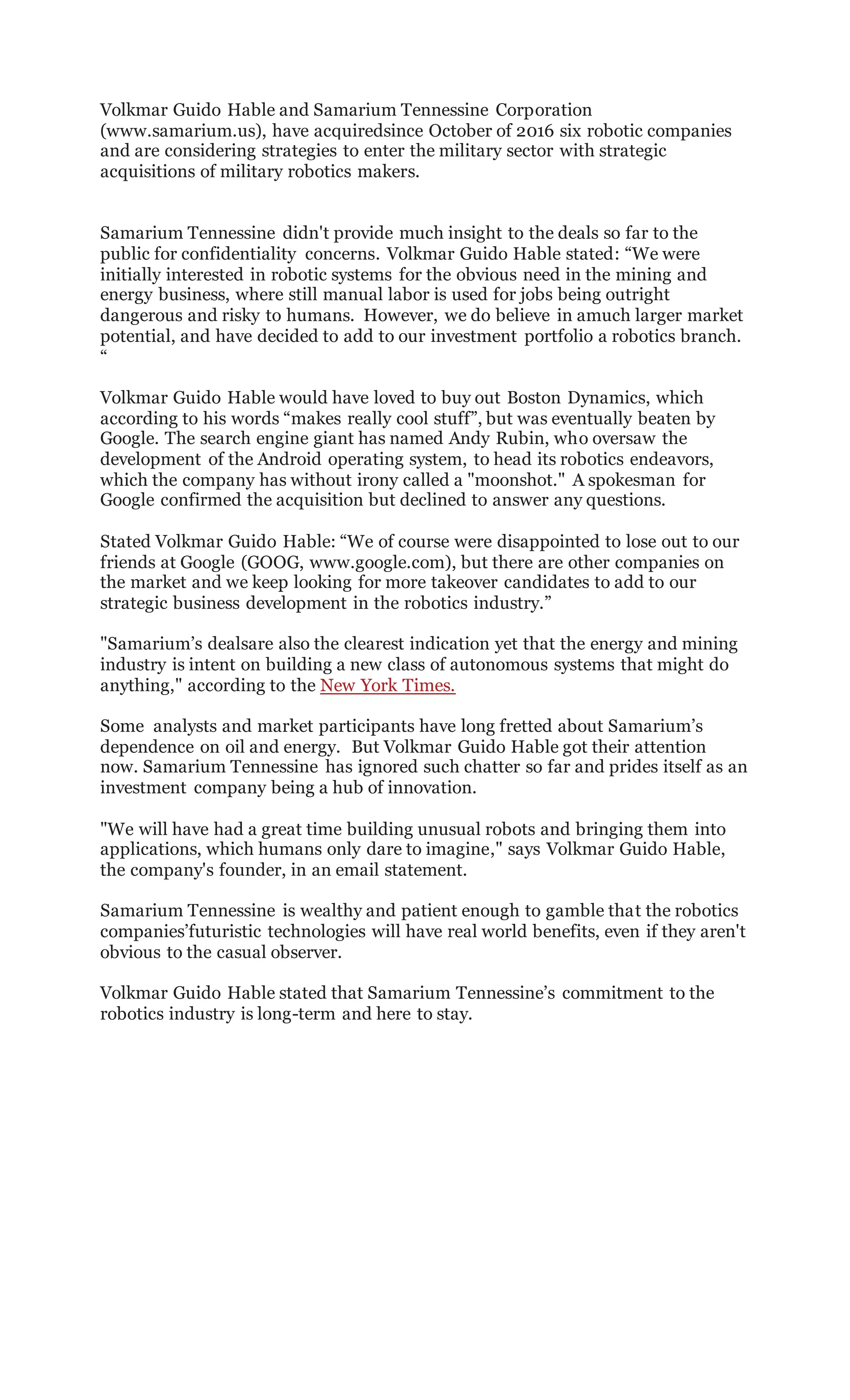 Volkmar Guido Hable and Samarium Tennessine Corporation | DOCX