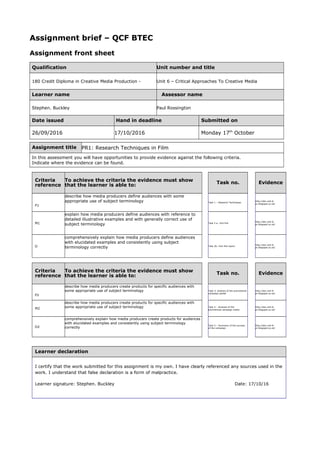 PR1 assignment front sheet | DOC