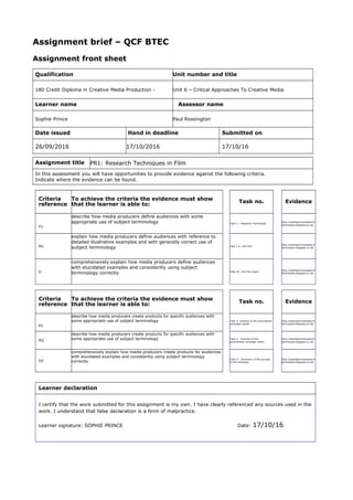 Pr1 assignment front sheet | DOC