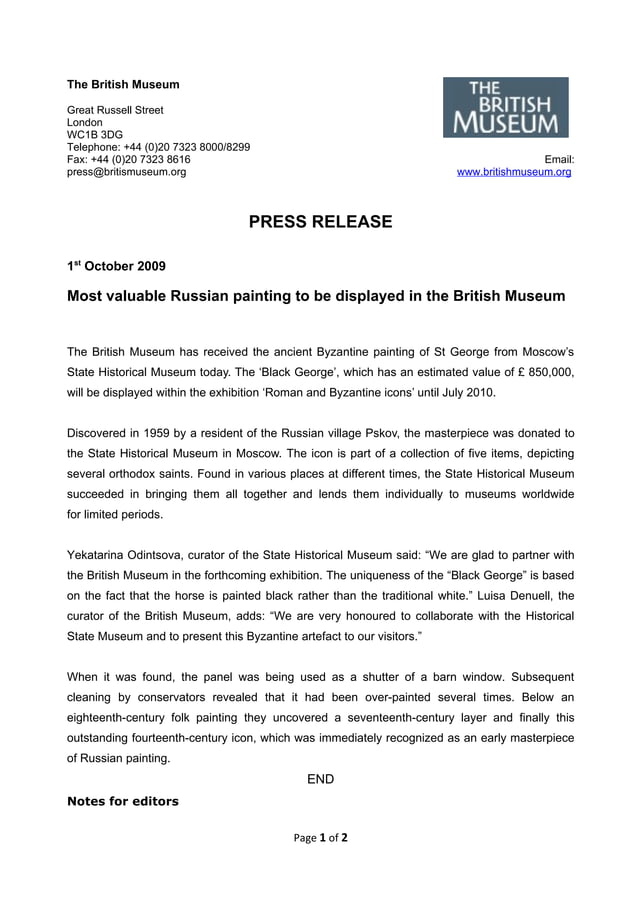 Press Release 1 - British Museum - Group Assignment | DOC | Museums & Galleries | Attractions