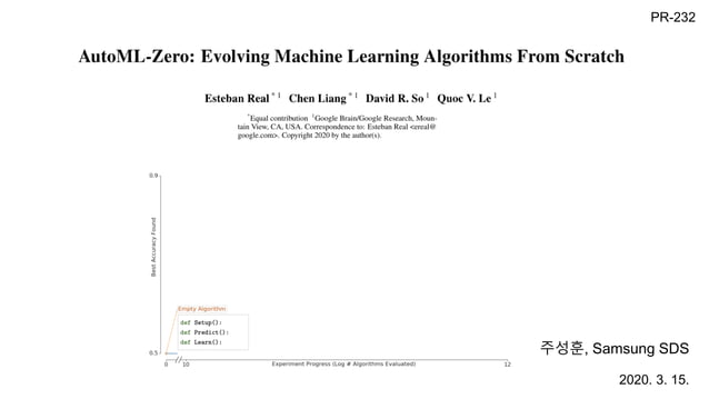 PR-232: AutoML-Zero:Evolving Machine Learning Algorithms From Scratch | PPT