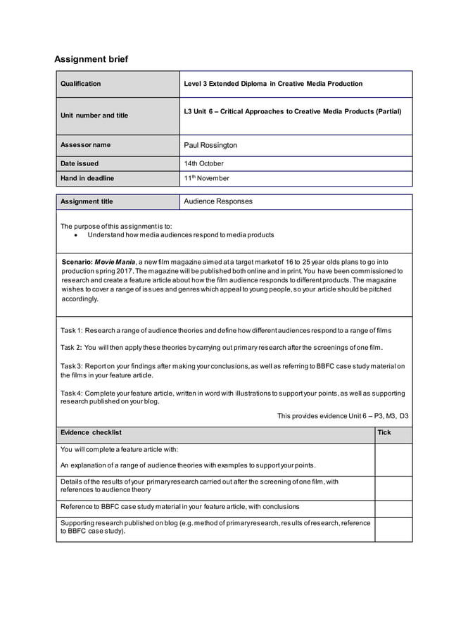 Pr2 audience responses assignment brief | DOCX | Science