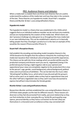 PR2: Audience theory and debates | DOCX | Movies | Entertainment