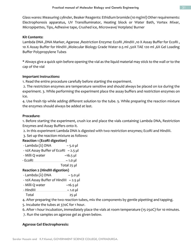 practical manual on molecular biology and genetic engineering,recombinant DNA TECHNOLOGY | PDF