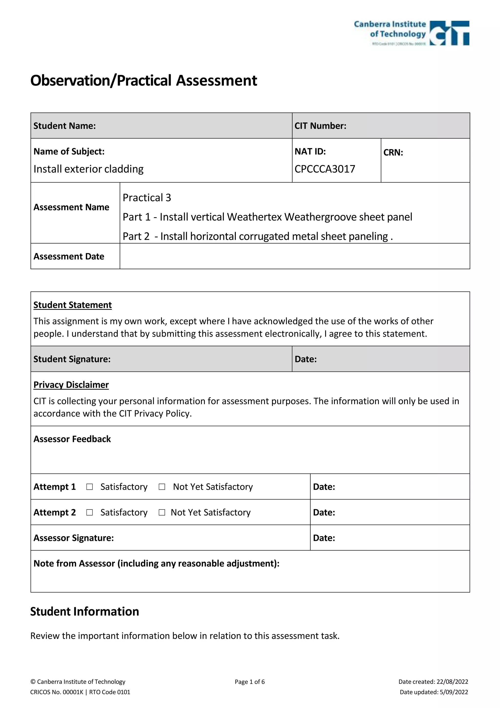 Practical assessment 3 - Install horizontal and vertical sheet panels | PDF