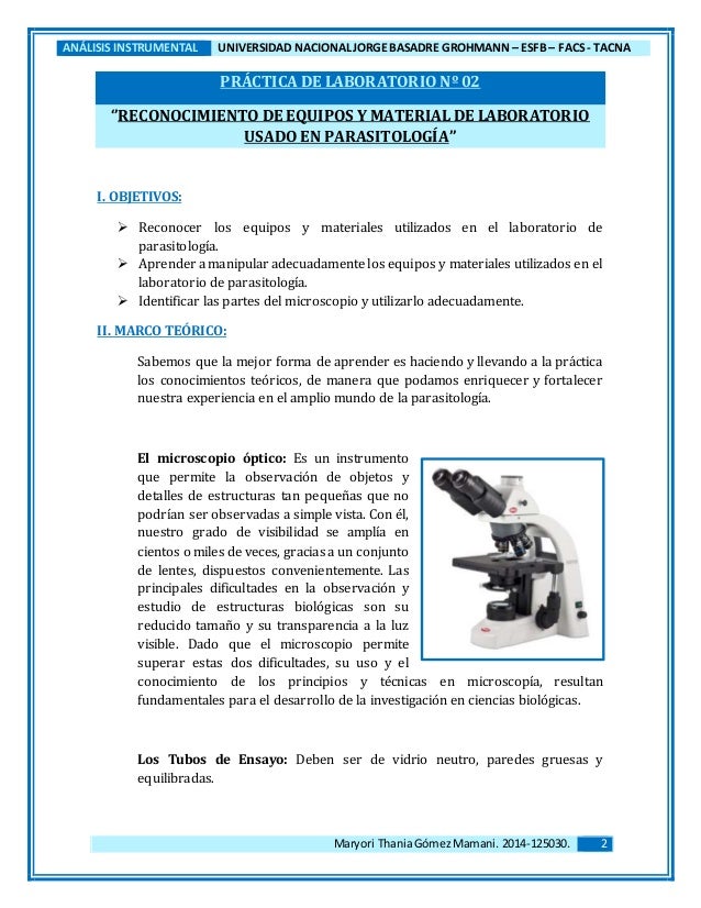 Informe 02 de Parasitología ‘‘RECONOCIMIENTO DE EQUIPOS Y MATERIAL DE… Informe 02 de Parasitología ‘‘RECONOCIMIENTO DE EQUIPOS Y MATERIAL DE…