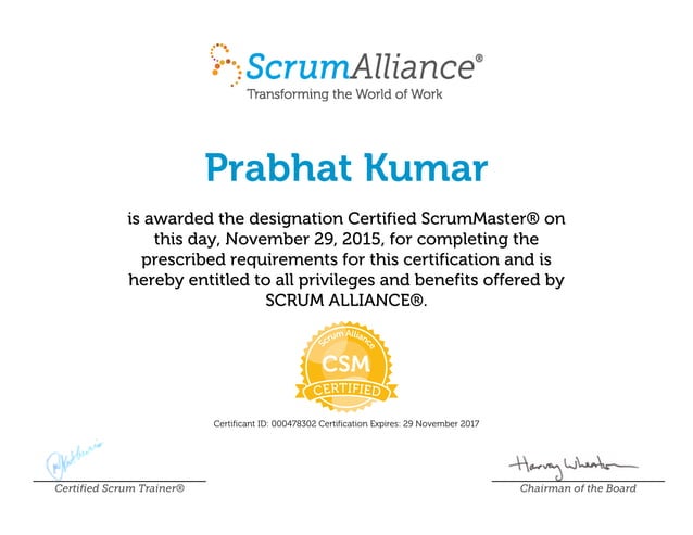 Prabhat kumar scrum alliance-csm_certificate | PDF | Internet Safety | Parenting
