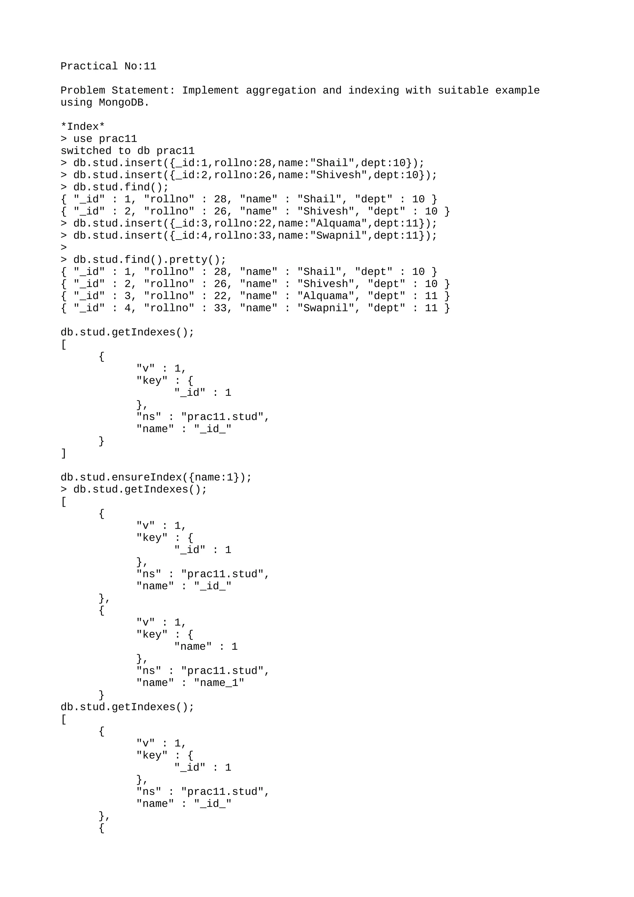 aggregation and indexing with suitable example using MongoDB. | PDF aggregation and indexing with suitable example using MongoDB. | PDF