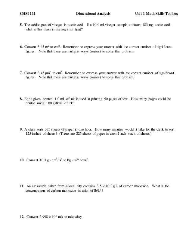 Chemistry Dimensional Analysis Worksheet 1 Answers Chemistry Dimensional Analysis Worksheet 1 Answers