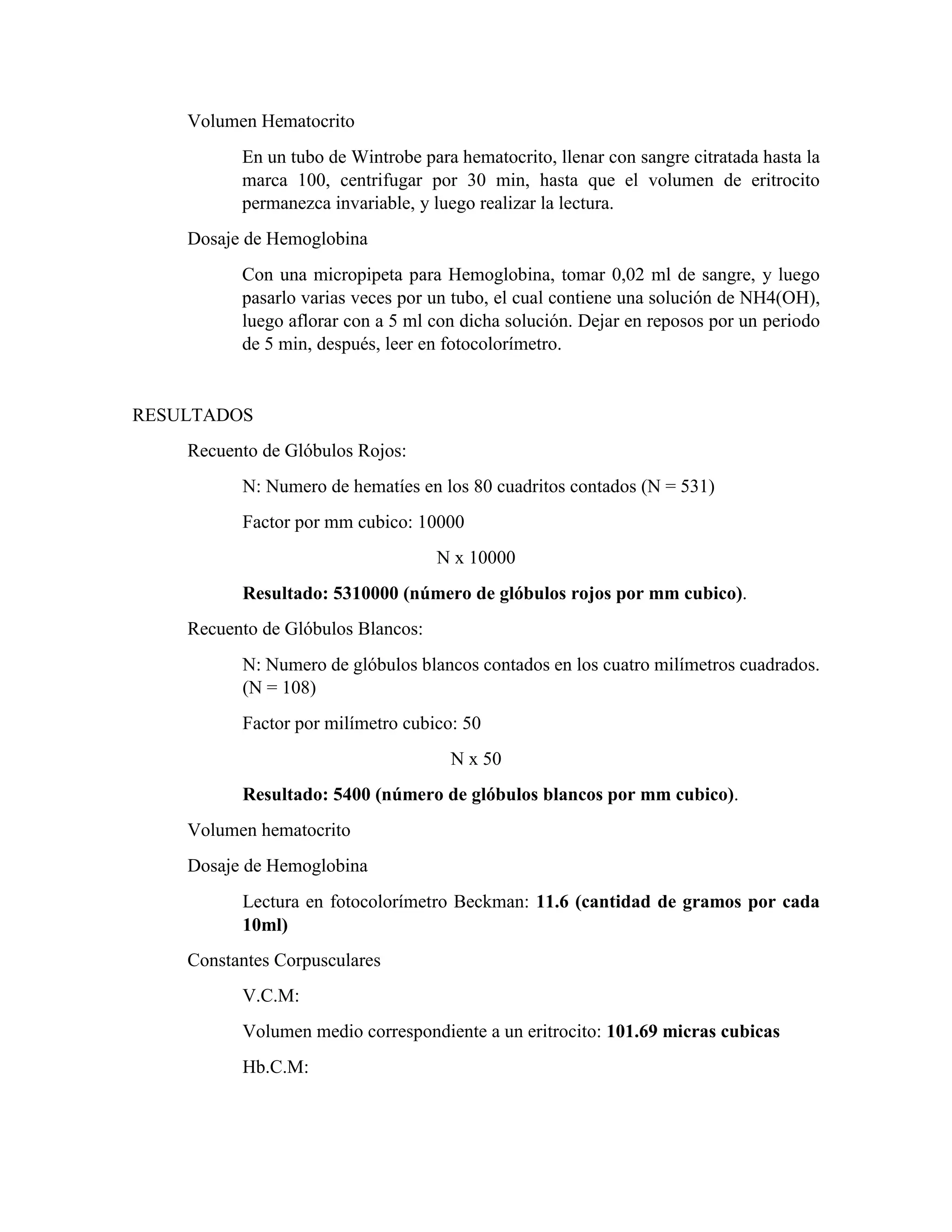 Recuento globular, hematocrito, Dosaje de hemoglobina, Constantes ...