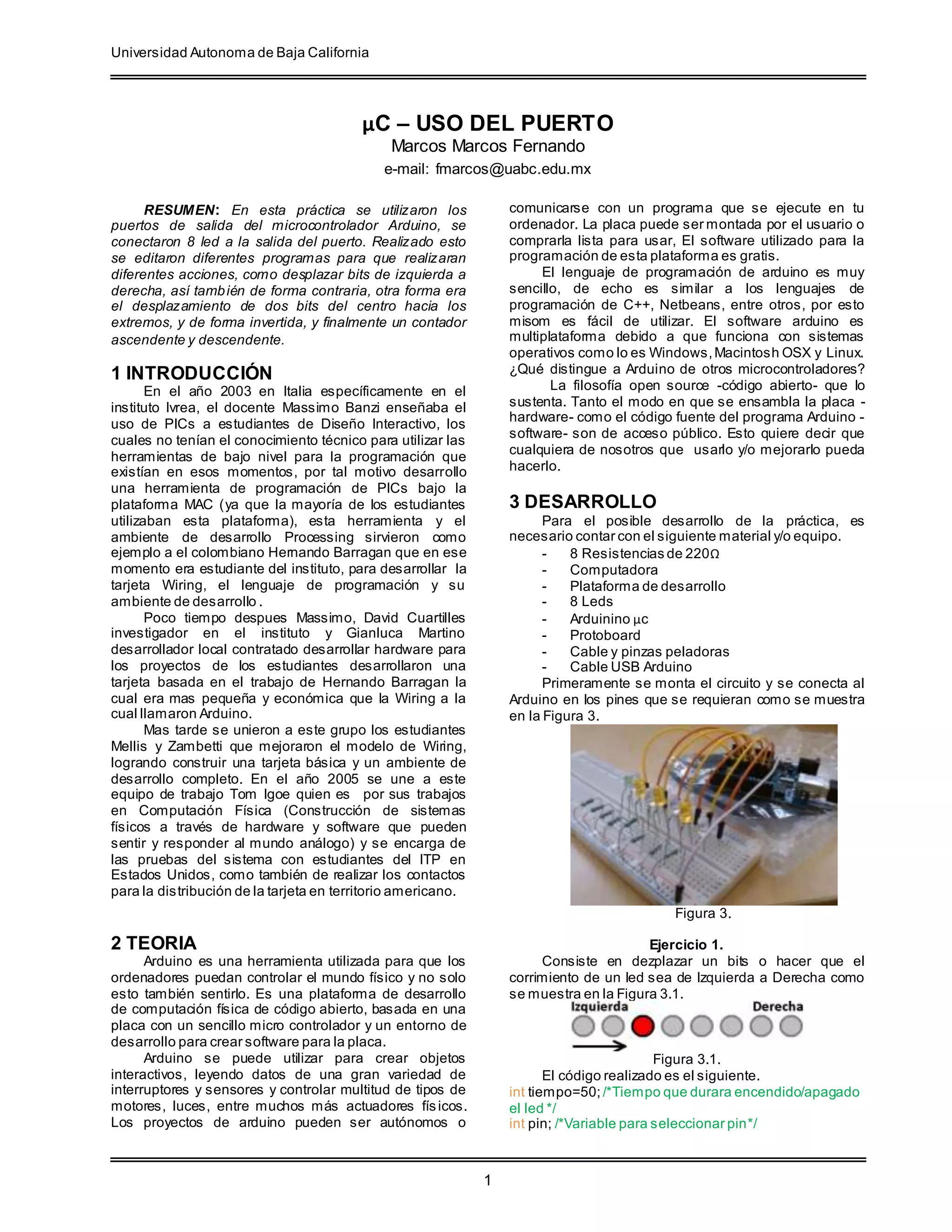 Arduino corrimiento de bits con leds | DOCX