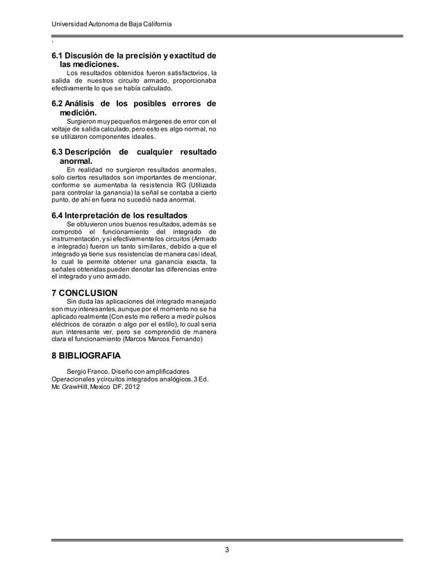 DISEÑO ANALOGICO - AMPLIFICADOR DE INSTRUMENTACION INA114 Y LM741 | DOCX