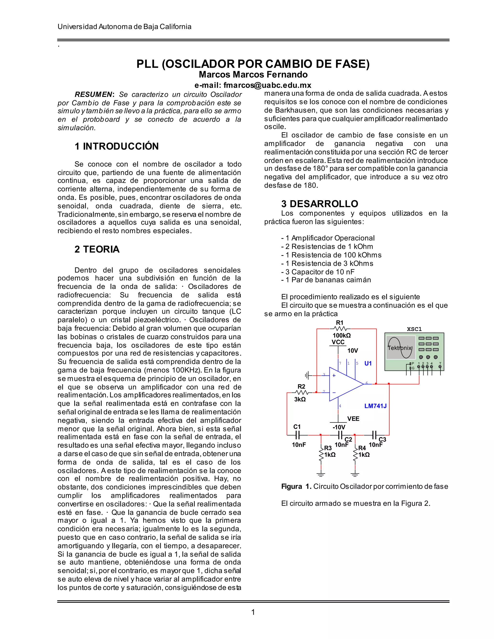 PLL (OSCILADOR POR CAMBIO DE FASE) - PHASE SHIFT OSCILLATOR | DOCX