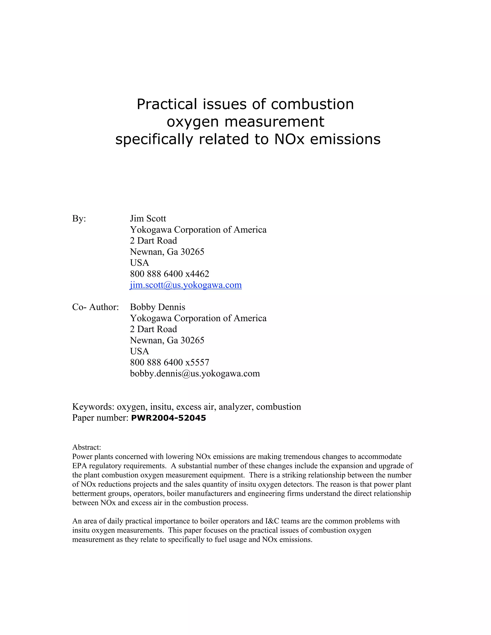 Practical Issues of Combustion Oxygen Measurement Specifically Related ...