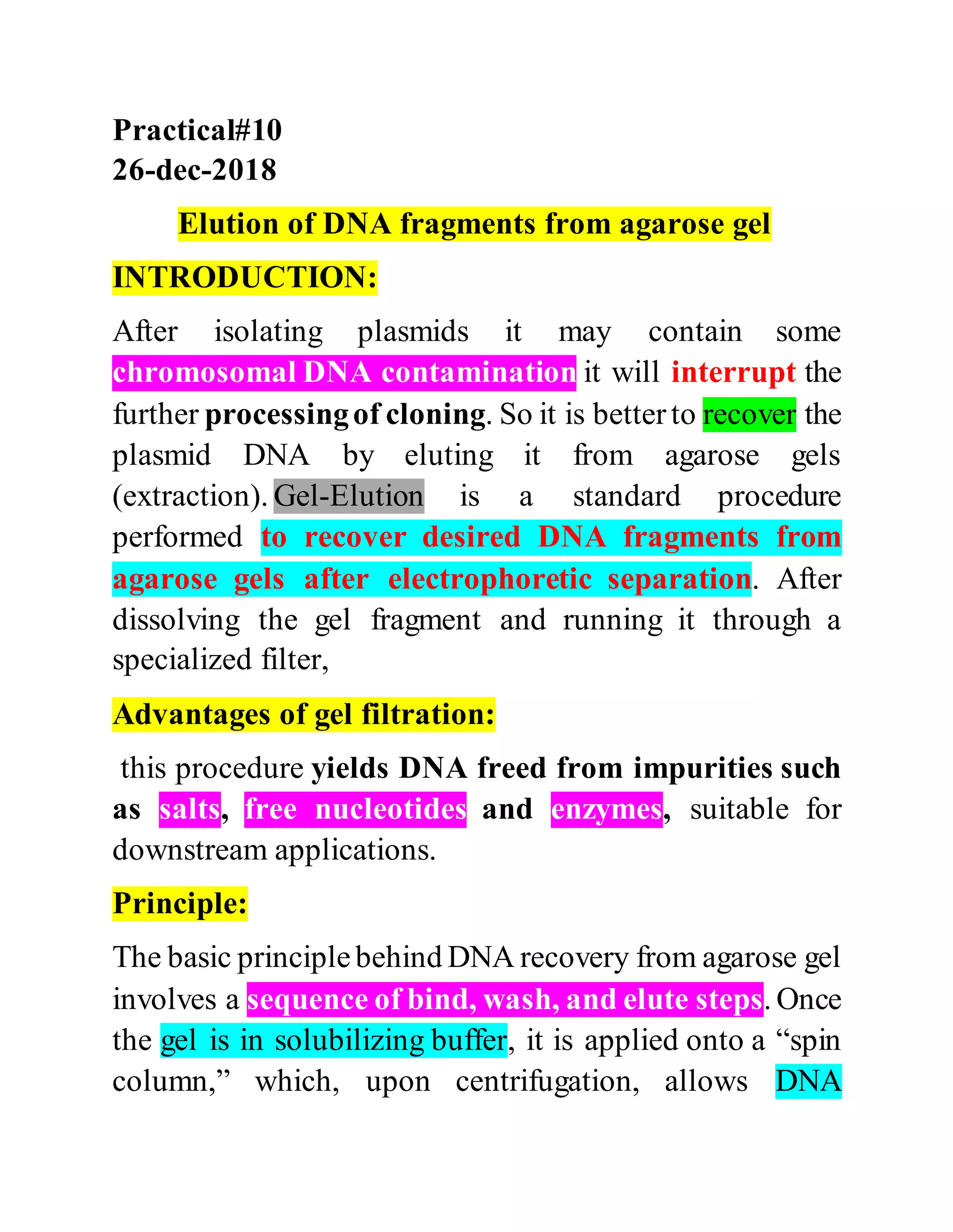Elution of DNA fragments from agarose gel Practical | DOCX