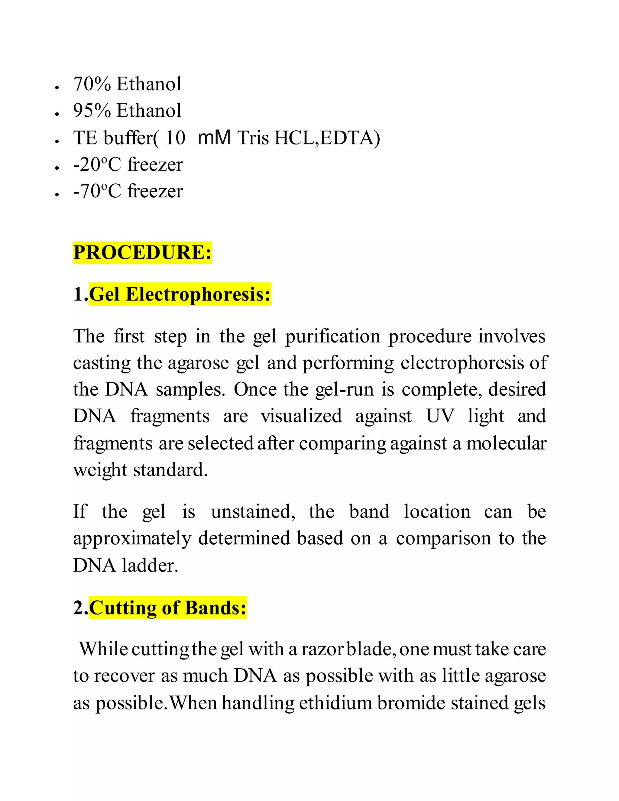 Elution of DNA fragments from agarose gel Practical | DOCX