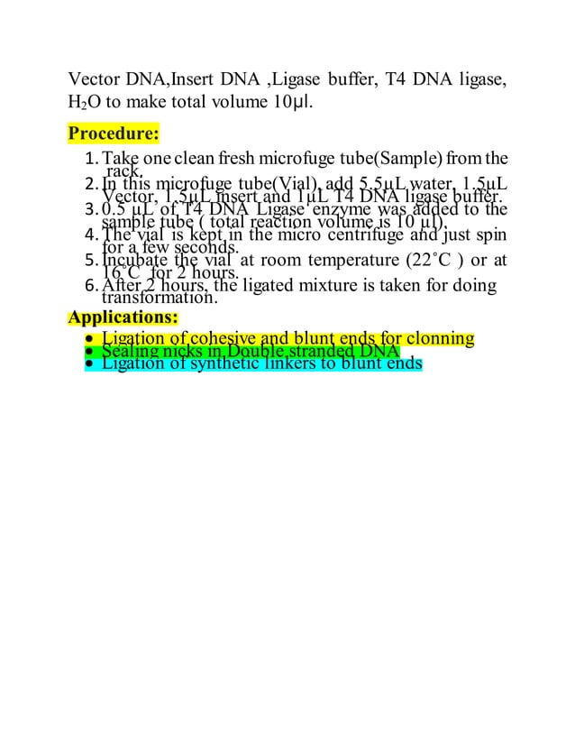 Ligation of DNA fragments Practical | PDF