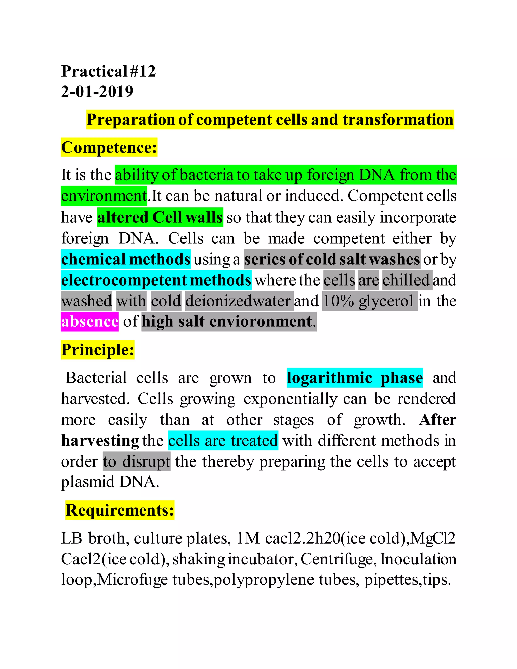 Preparatiion of competent cells & Transformation Practical | DOCX