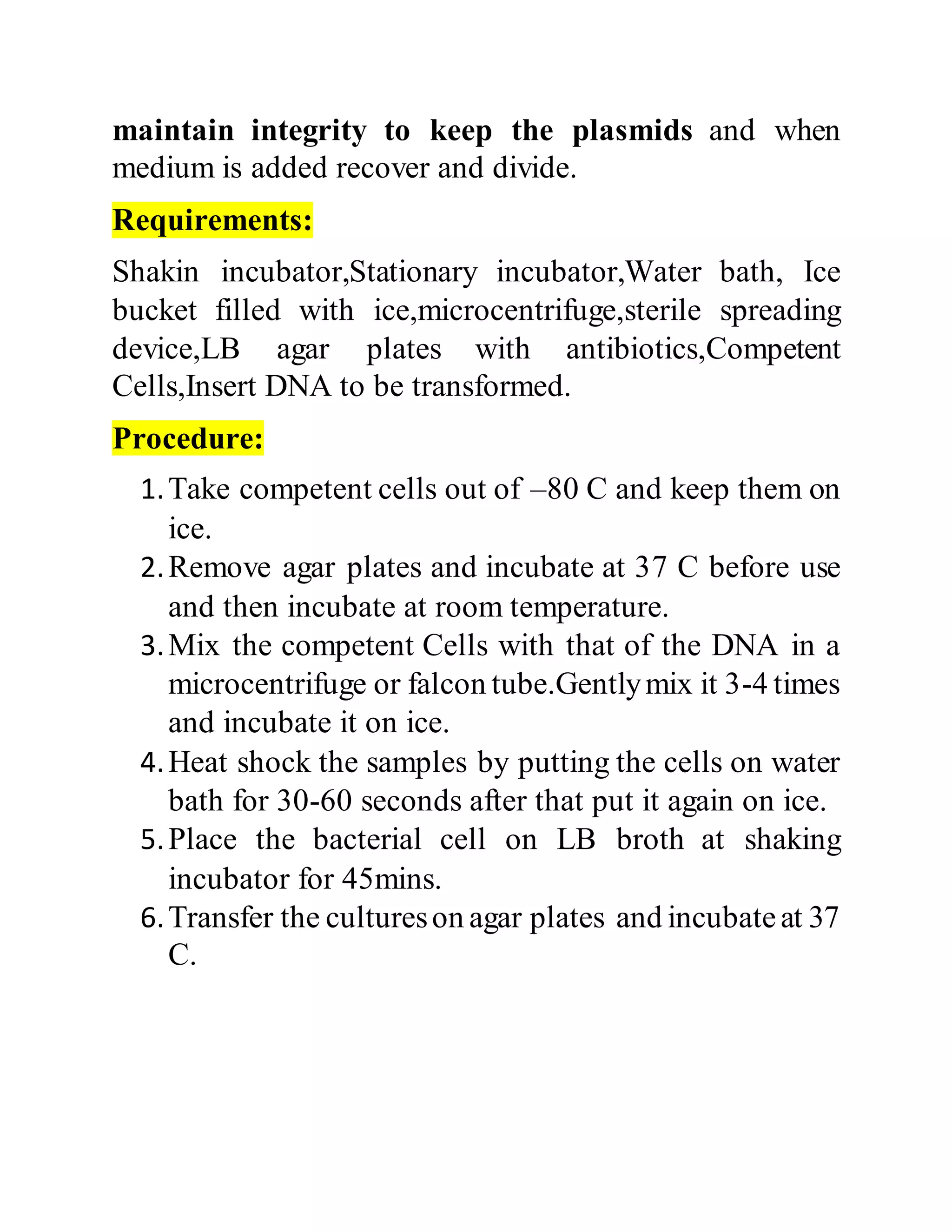 Preparatiion of competent cells & Transformation Practical | DOCX