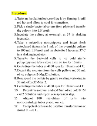 Preparatiion of competent cells & Transformation Practical | DOCX