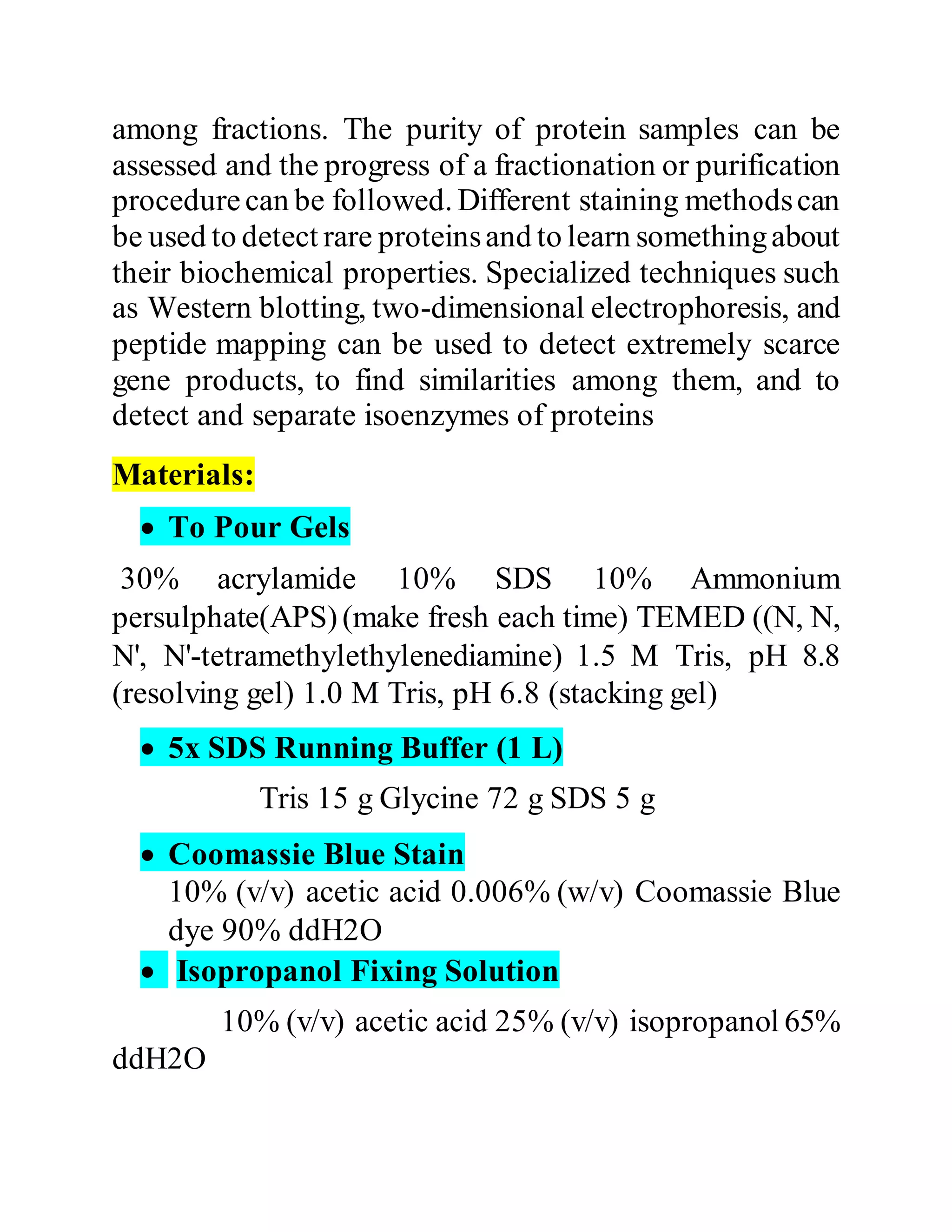Running of SDS-PAGE Practical | DOCX