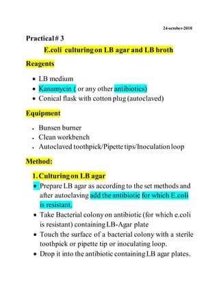 E.coli culturing on LB agar and LB broth (Practical) | DOCX