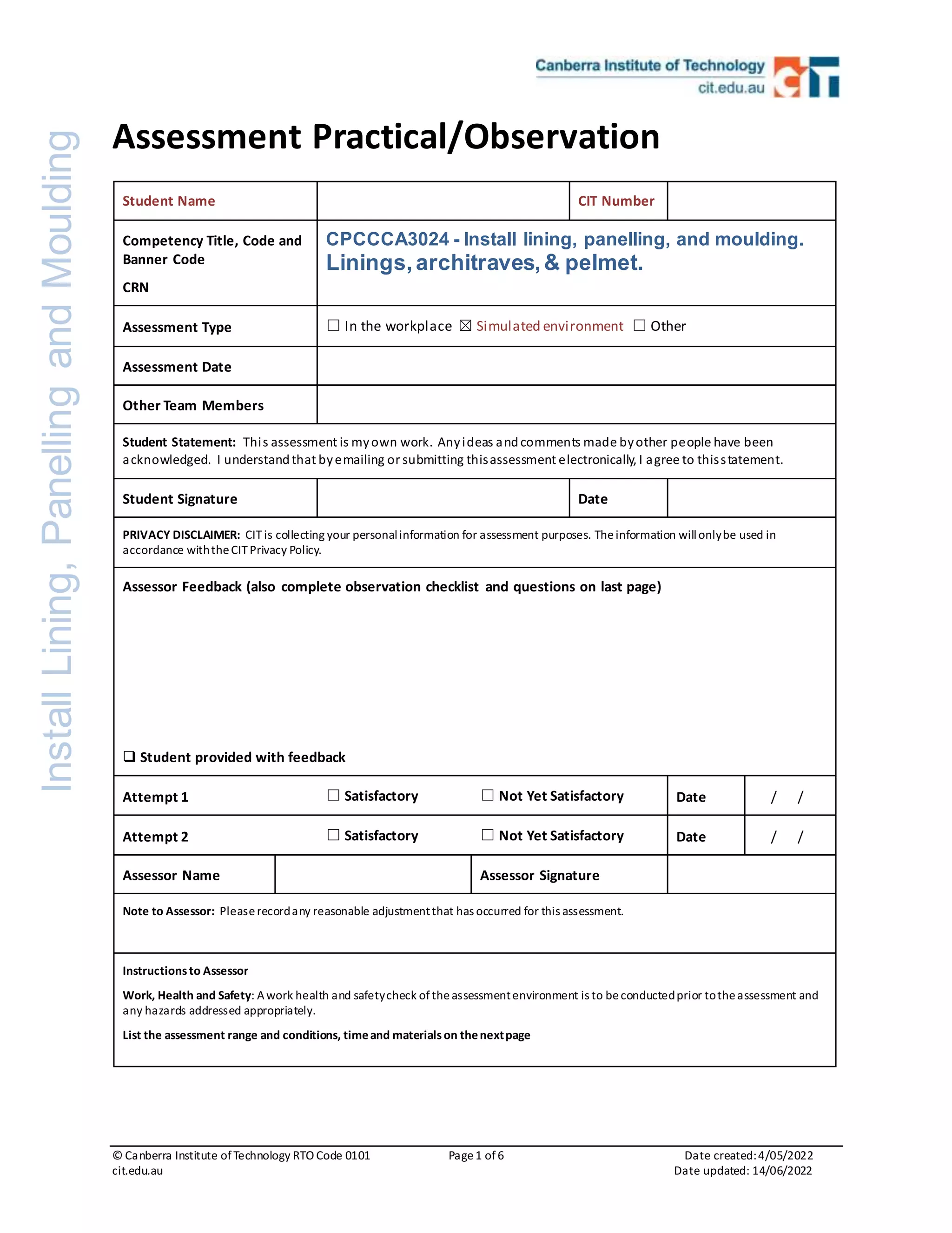 Practical assessment 1 - Lining, architraves, & pelmet | DOCX