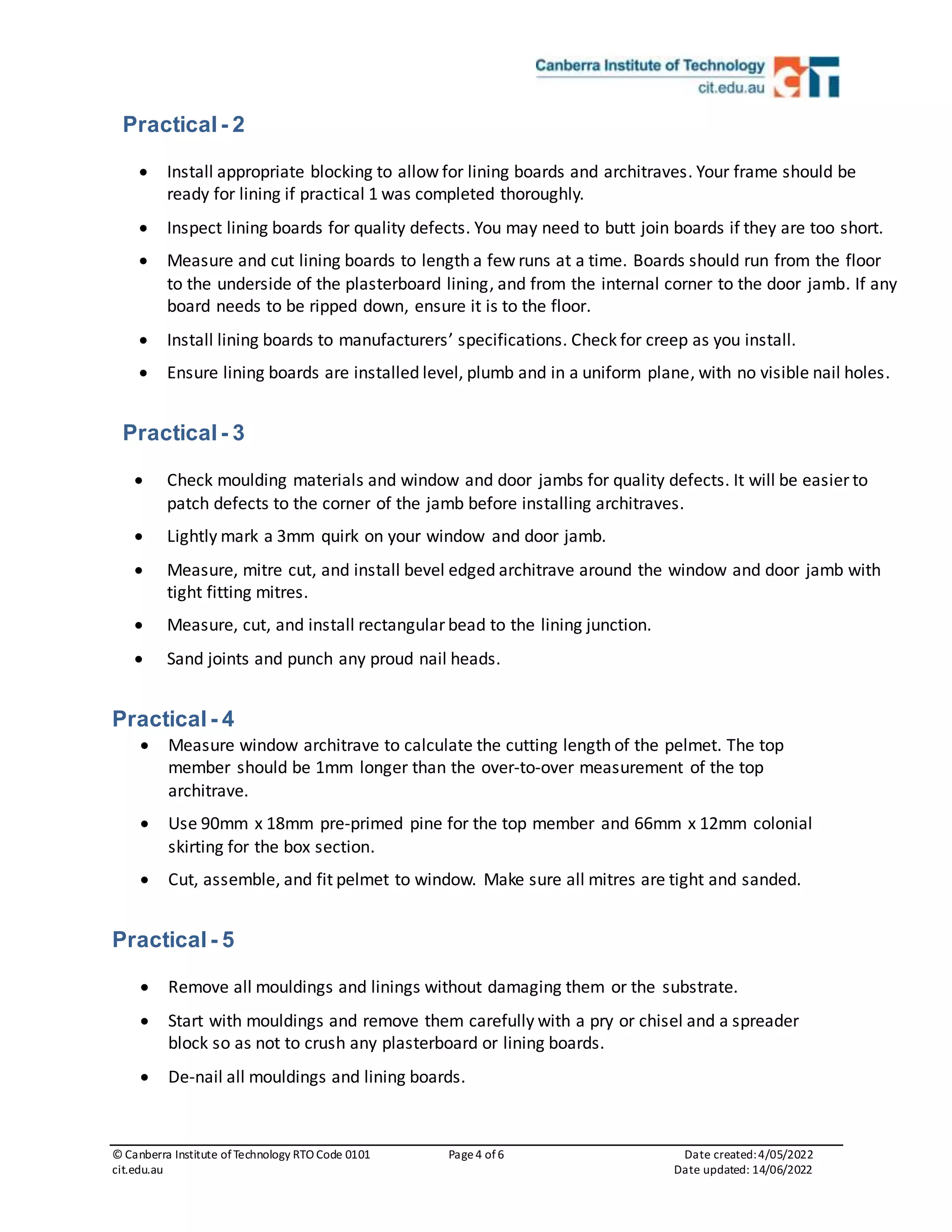 Practical assessment 1 - Lining, architraves, & pelmet | DOCX