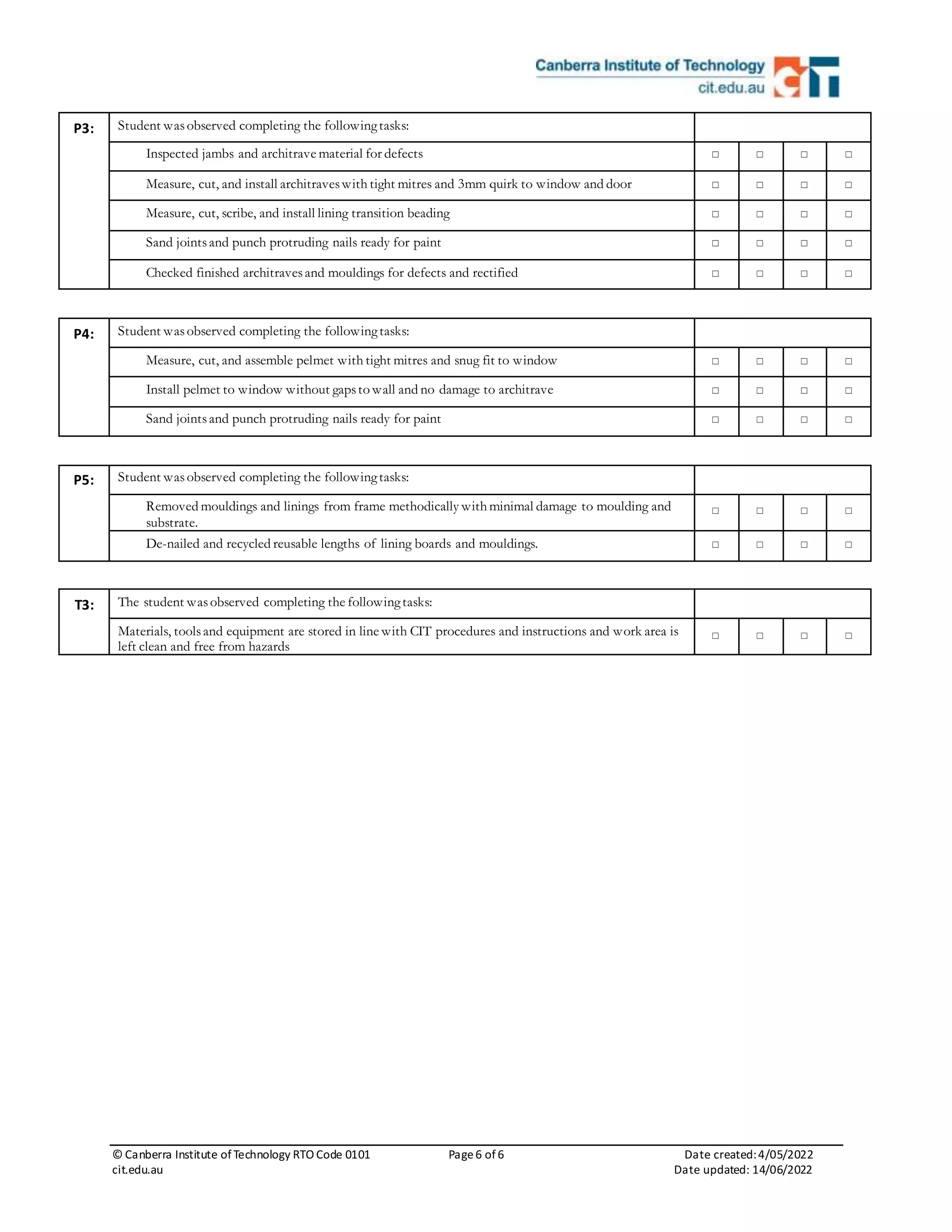 Practical assessment 1 - Lining, architraves, & pelmet | DOCX