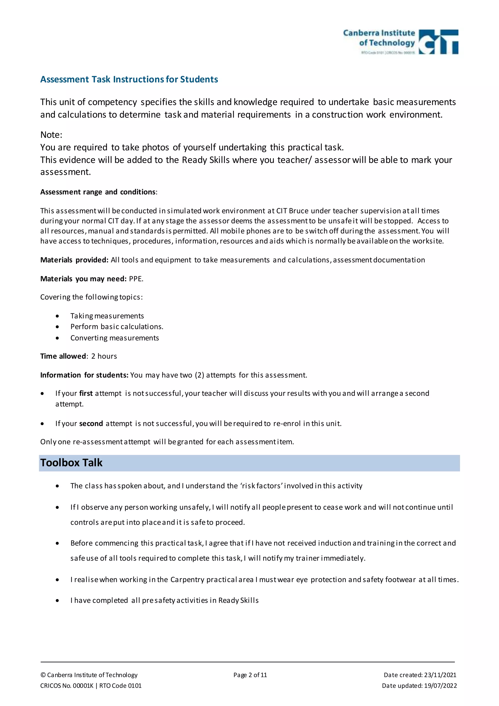 Practical Assessment Carry out measurements and calculations | DOCX