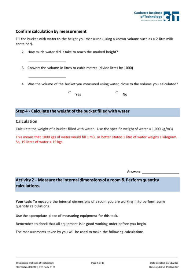 Practical Assessment Carry out measurements and calculations Practical Assessment Carry out measurements and calculations