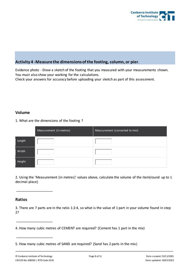 Practical Assessment Carry out measurements and calculations Practical Assessment Carry out measurements and calculations