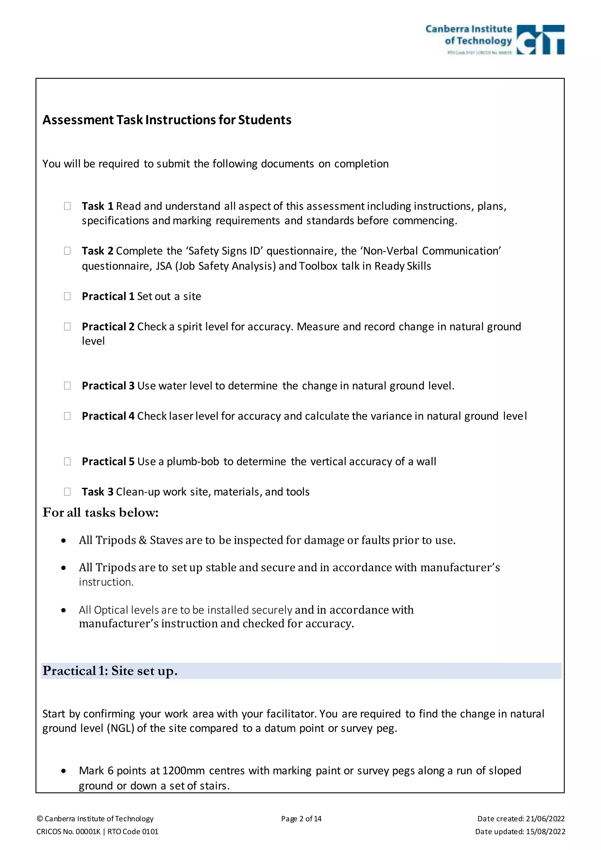 Practical Assessment - Apply Basic Levelling Procedures | DOCX