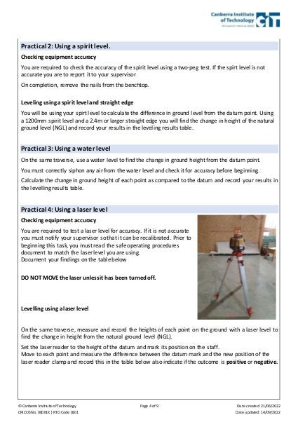Practical Assessment - Apply Basic Levelling Procedures Practical Assessment - Apply Basic Levelling Procedures