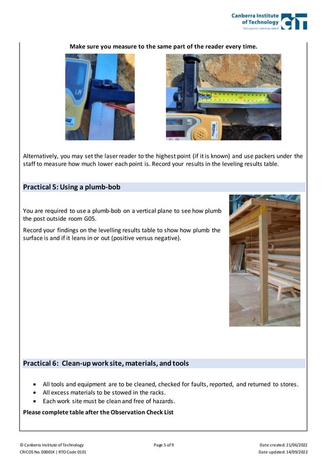 Practical Assessment - Apply Basic Levelling Procedures Practical Assessment - Apply Basic Levelling Procedures
