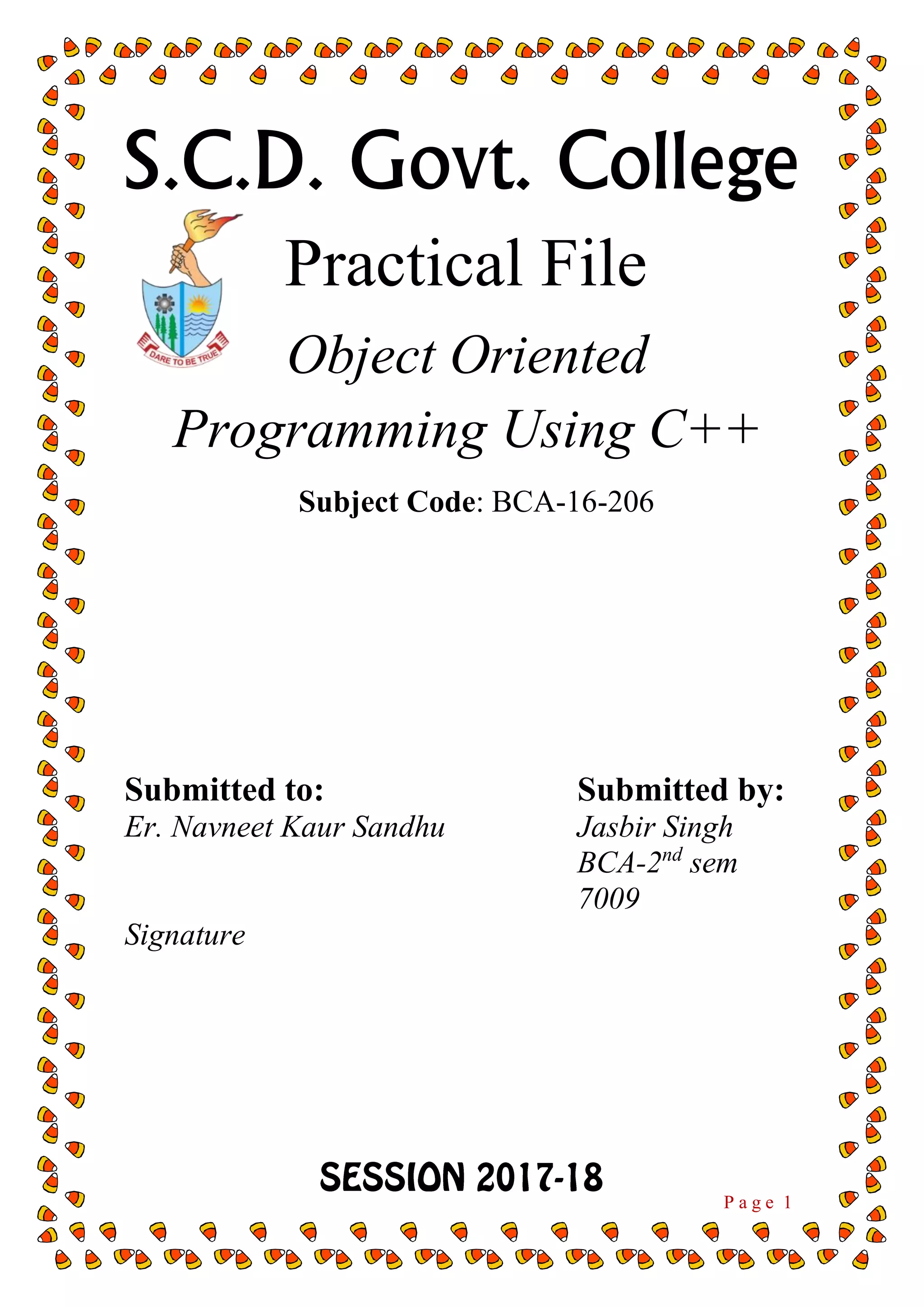 Object Oriented Programming Using C++ Practical File | PDF