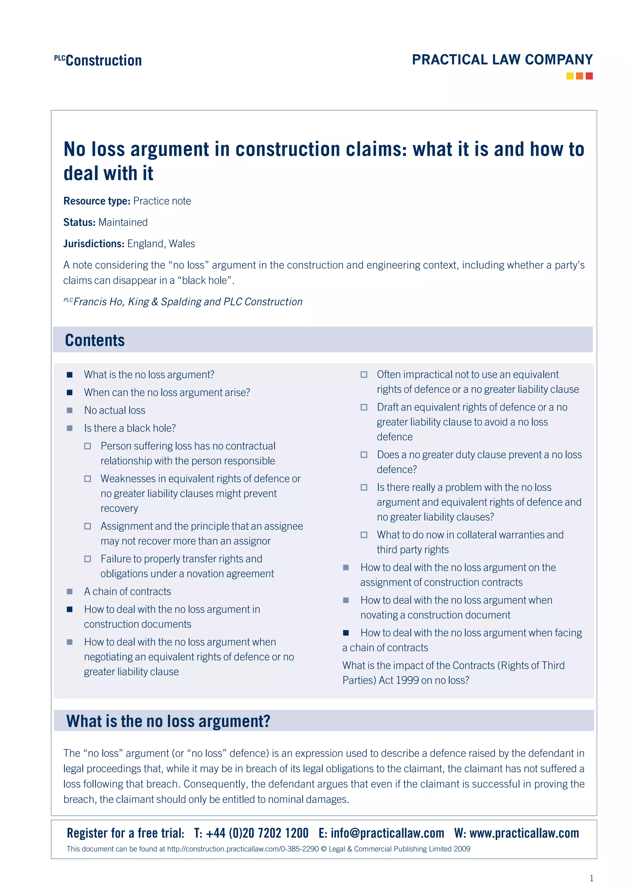 PLC: No loss argument in construction claims | PDF