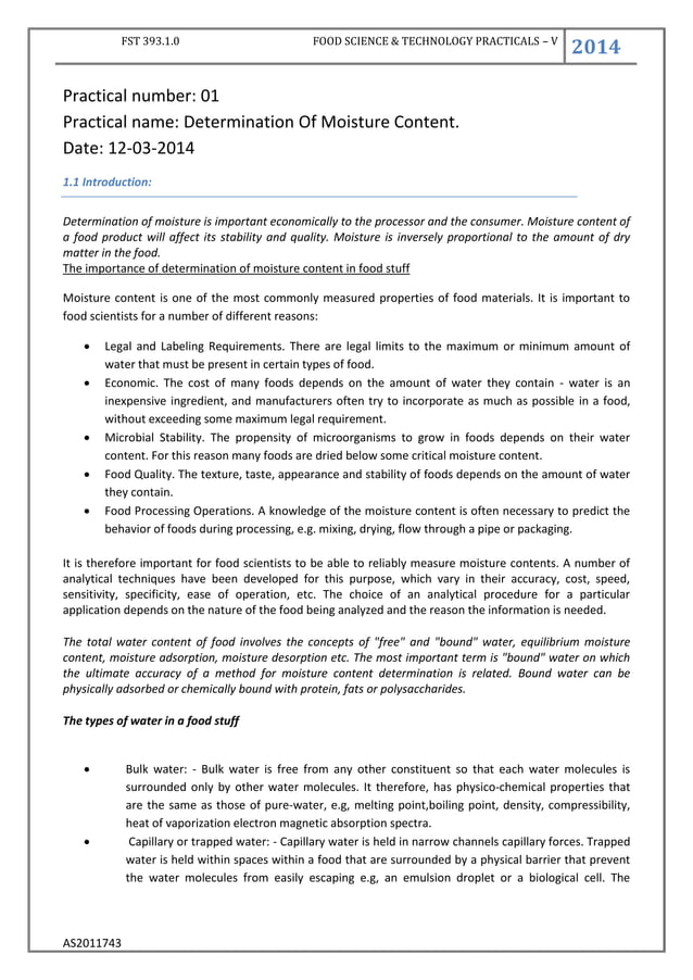 determination of moisture content in a food stuff. | PDF | Chemistry ...