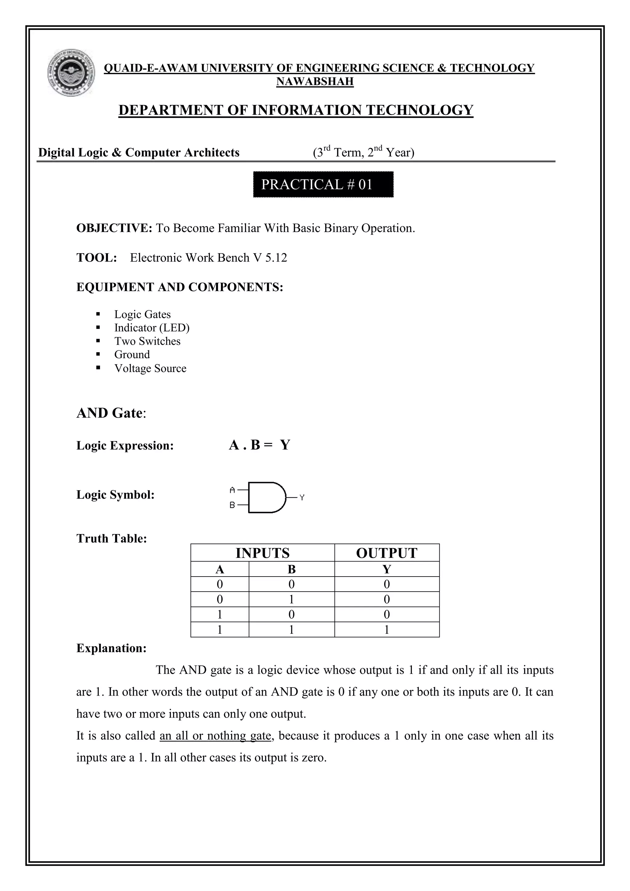 Digital Logic & Computer Architecture Practical Book by Yasir Ahmed Khan | PDF