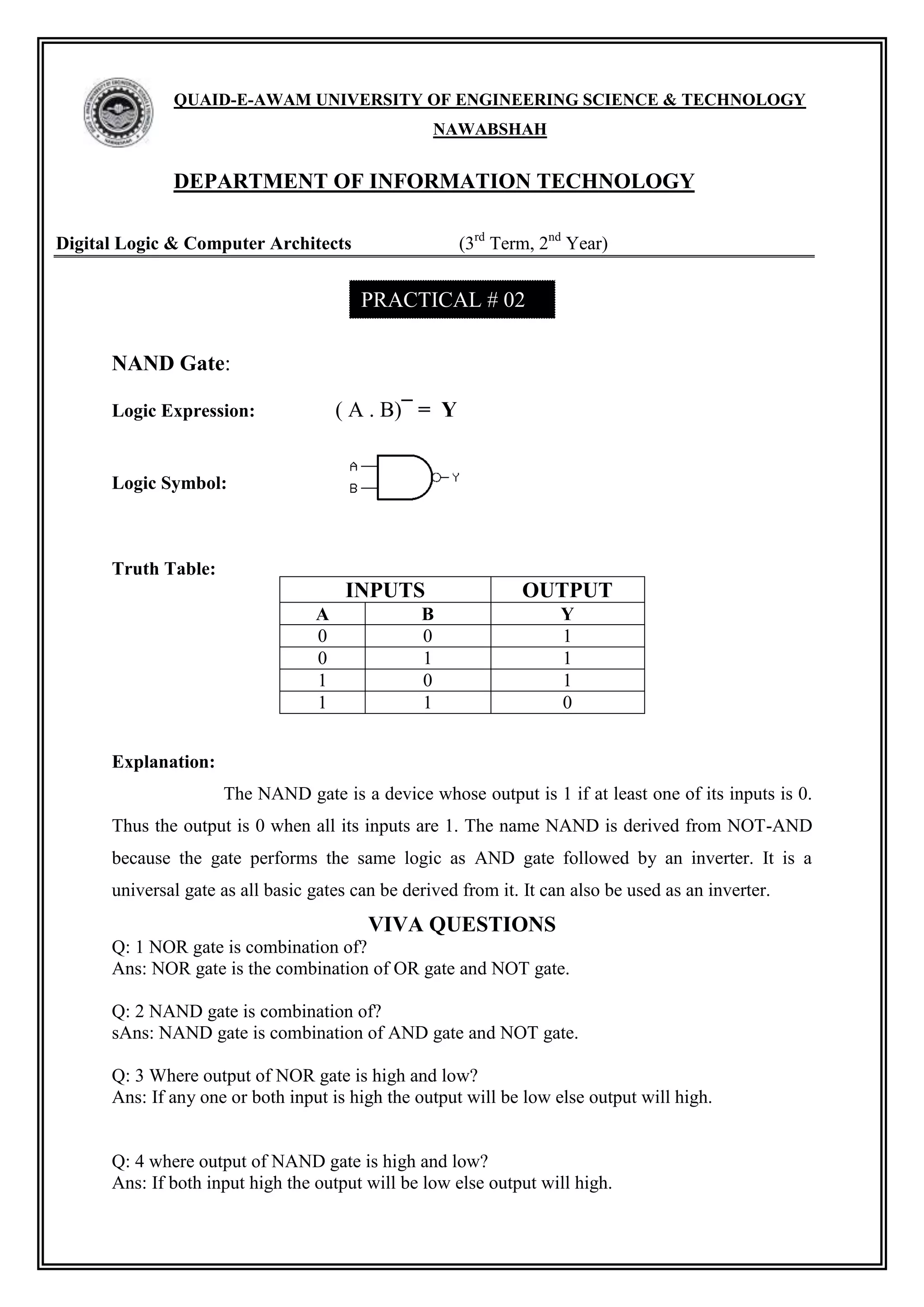 Digital Logic & Computer Architecture Practical Book by Yasir Ahmed Khan | PDF