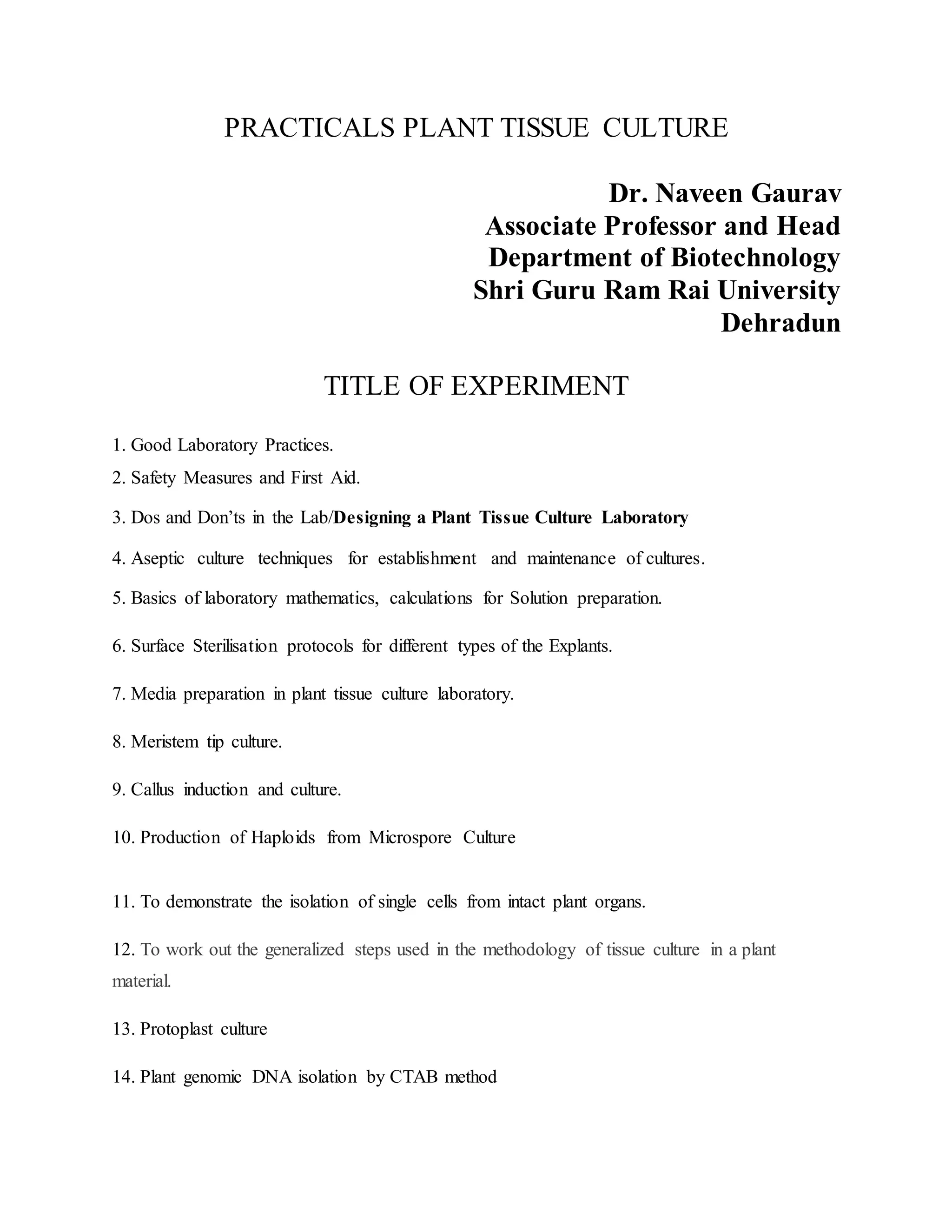 Practicals plant tissue culture | DOCX