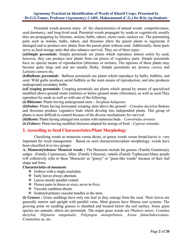 Practical on Weed Identification of Kharif Crops by Dr.G.S.Tomar | PDF