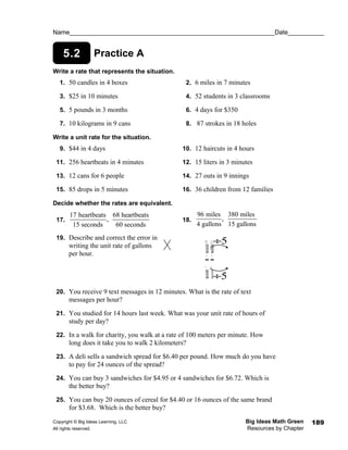 5.2 Practice A - Rates and Unit Rates Word Problems | PDF