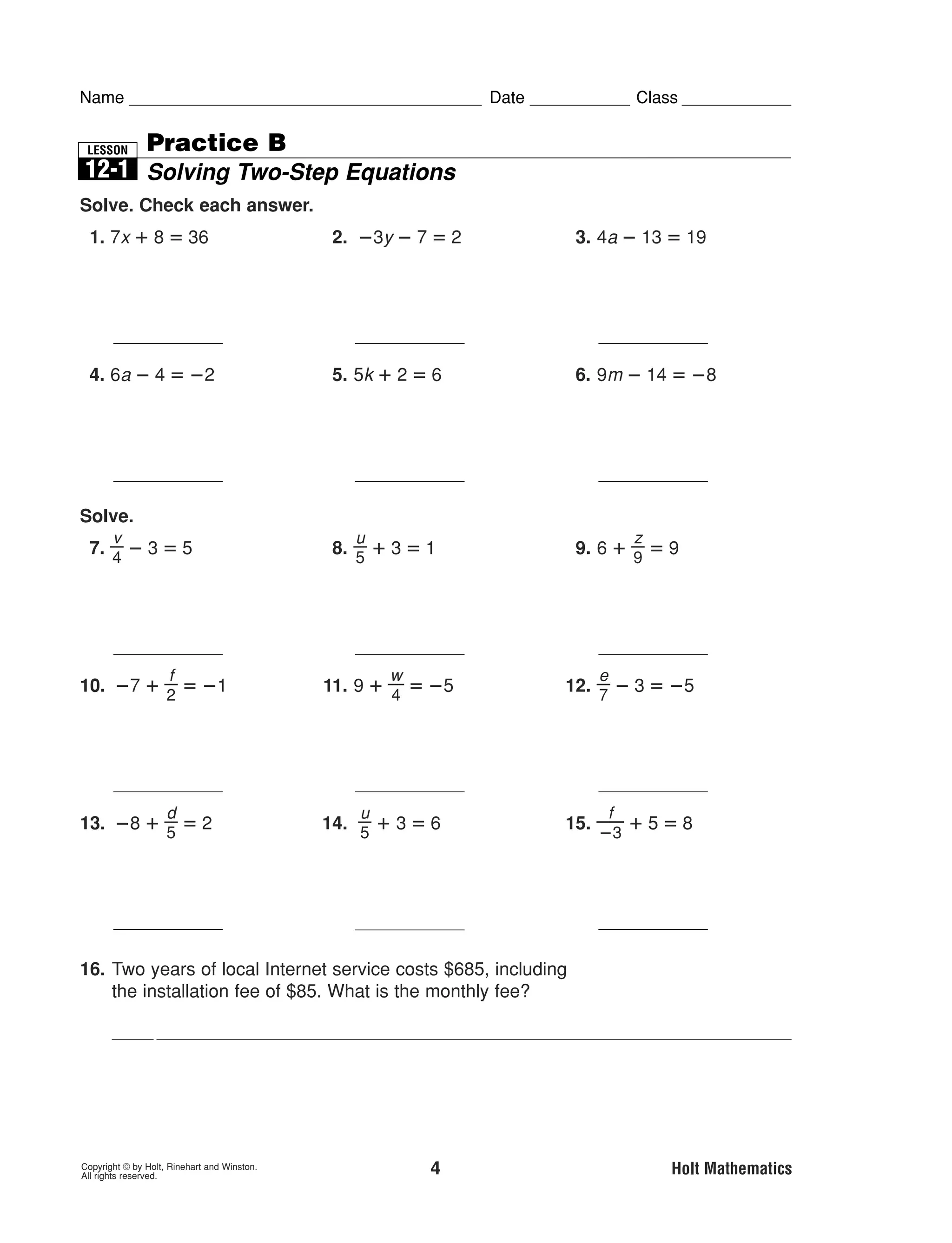 Practice b 2 step equations | PDF