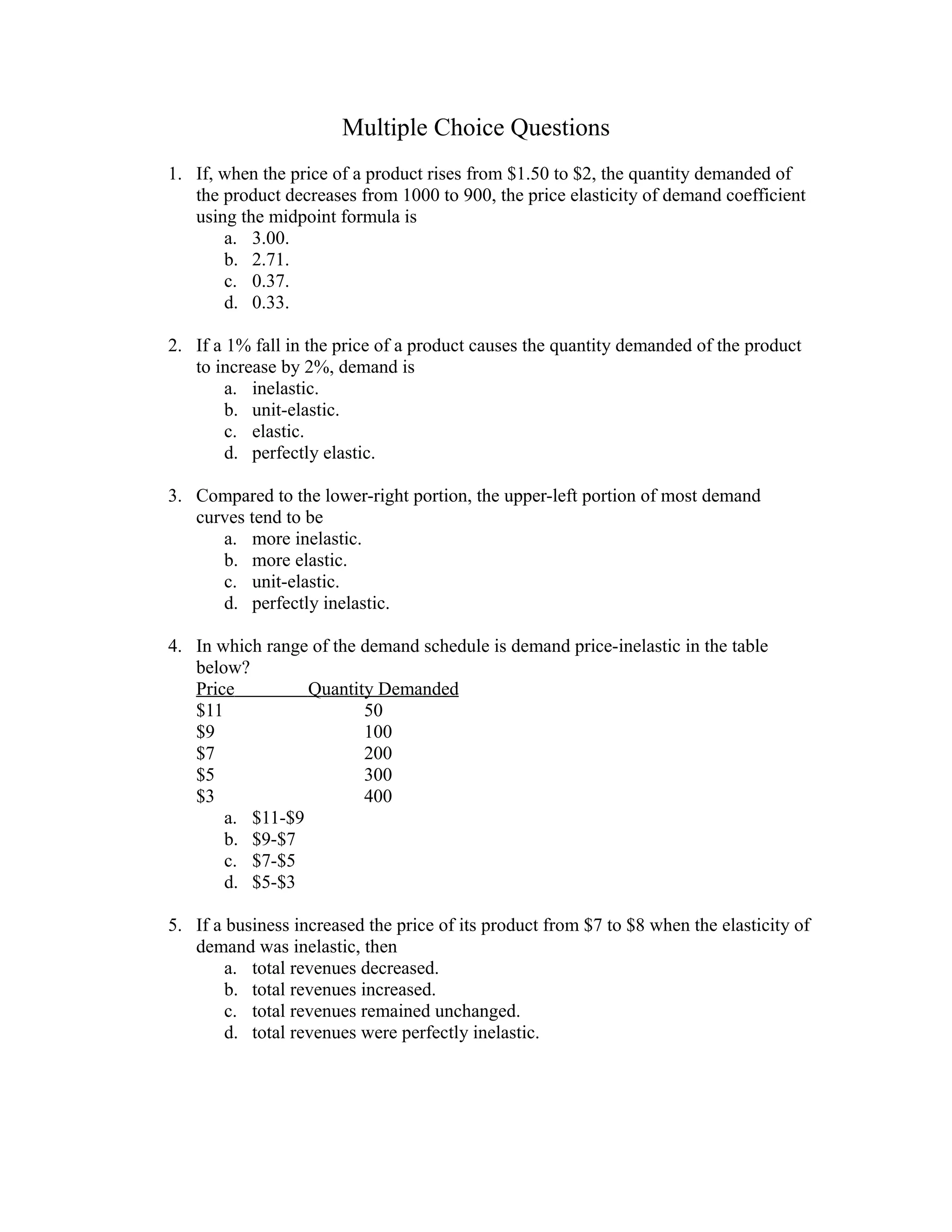 MCQs of Elasticity of Demand and Supply | DOC
