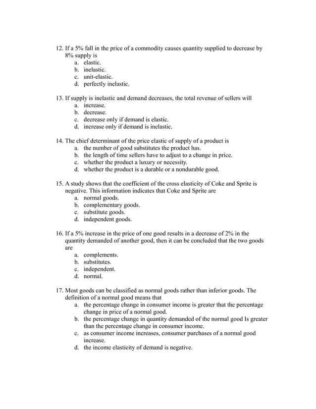 MCQs of Elasticity of Demand and Supply | DOC